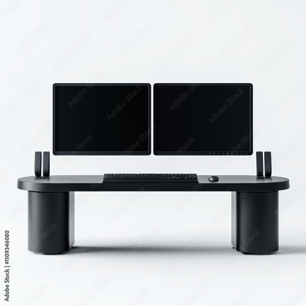 Sleek modern workspace featuring dual monitors and minimalist design for enhanced productivity ...