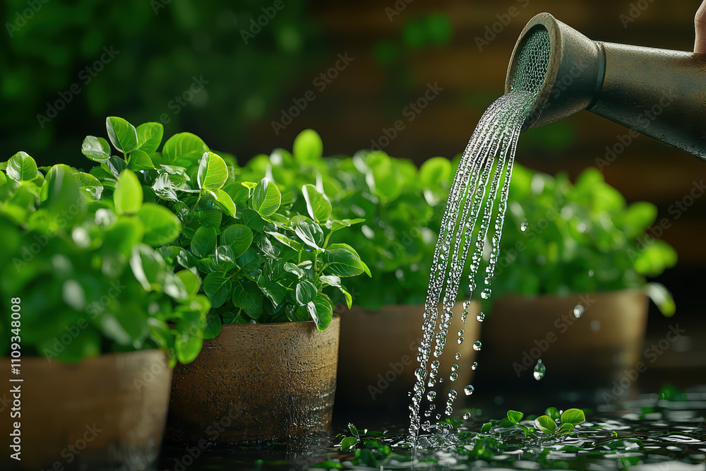 Watering vibrant green plants in elegant clay pots indoors creates ...