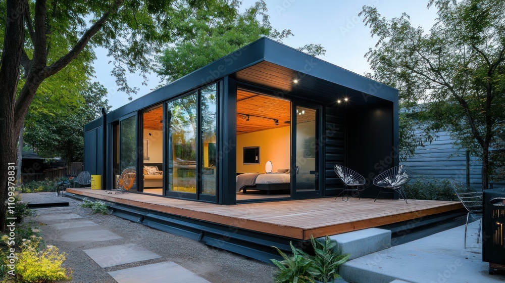 Modern minimalist dark gray shipping container home with wood deck ...