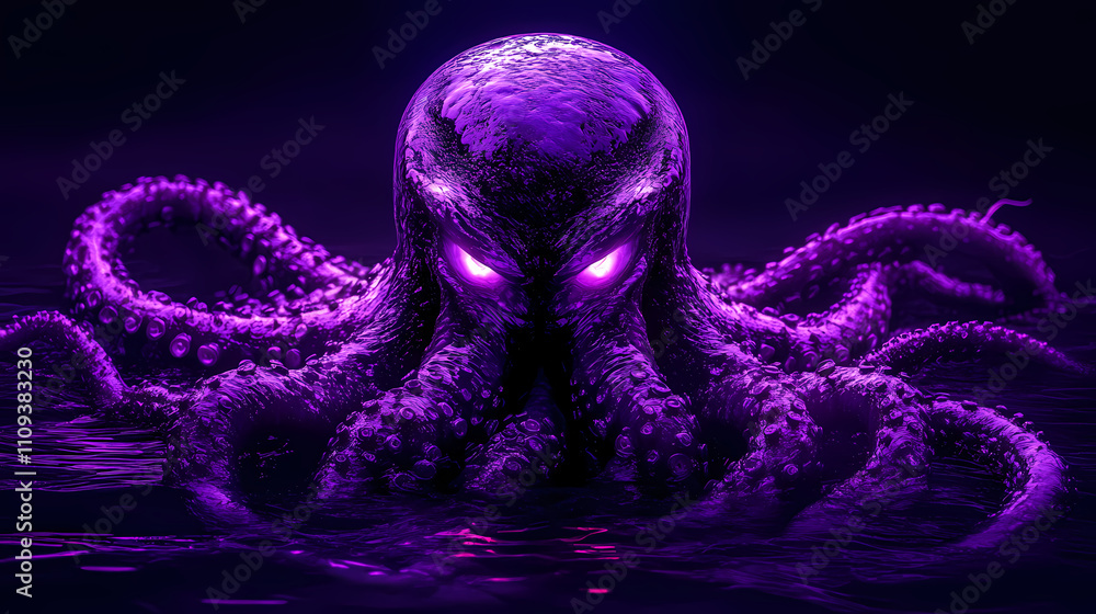 Purple tentacled entity with glowing eyes rising from dark waters ...