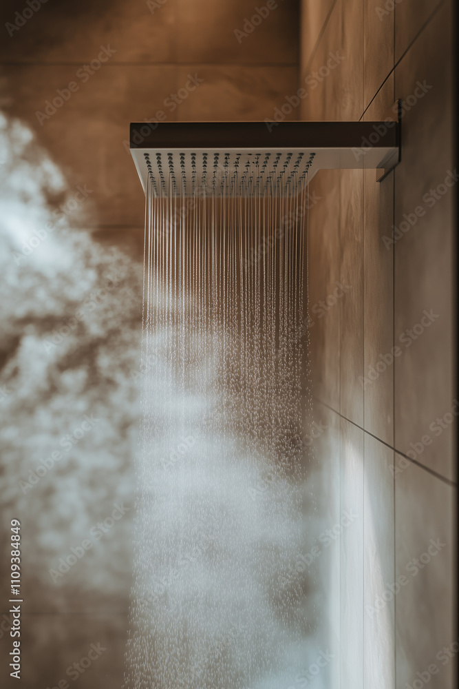 Steaming bathroom scene with rainfall shower head in clean minimal ...