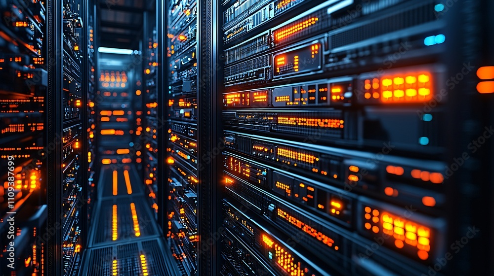 Overhead view of a modern data center filled with illuminated server racks and connections Stock ...