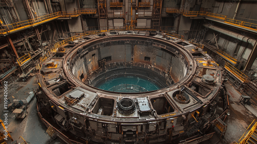 Central part of a nuclear reactor inside an industrial facility with ...
