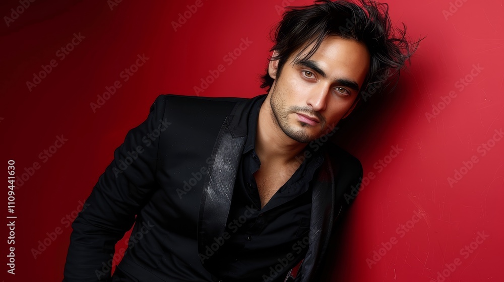 Strikingly handsome 30 year old male model in a sharp black suit with a ...