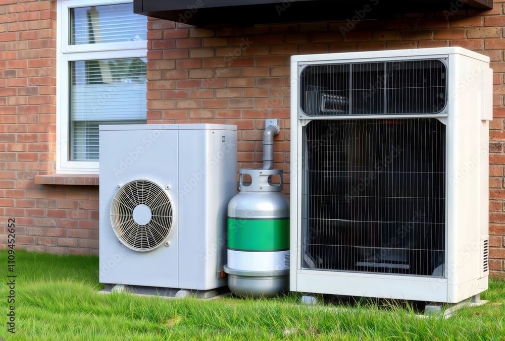Modern heat pump system. Outdoor units of air source heat pump and ...