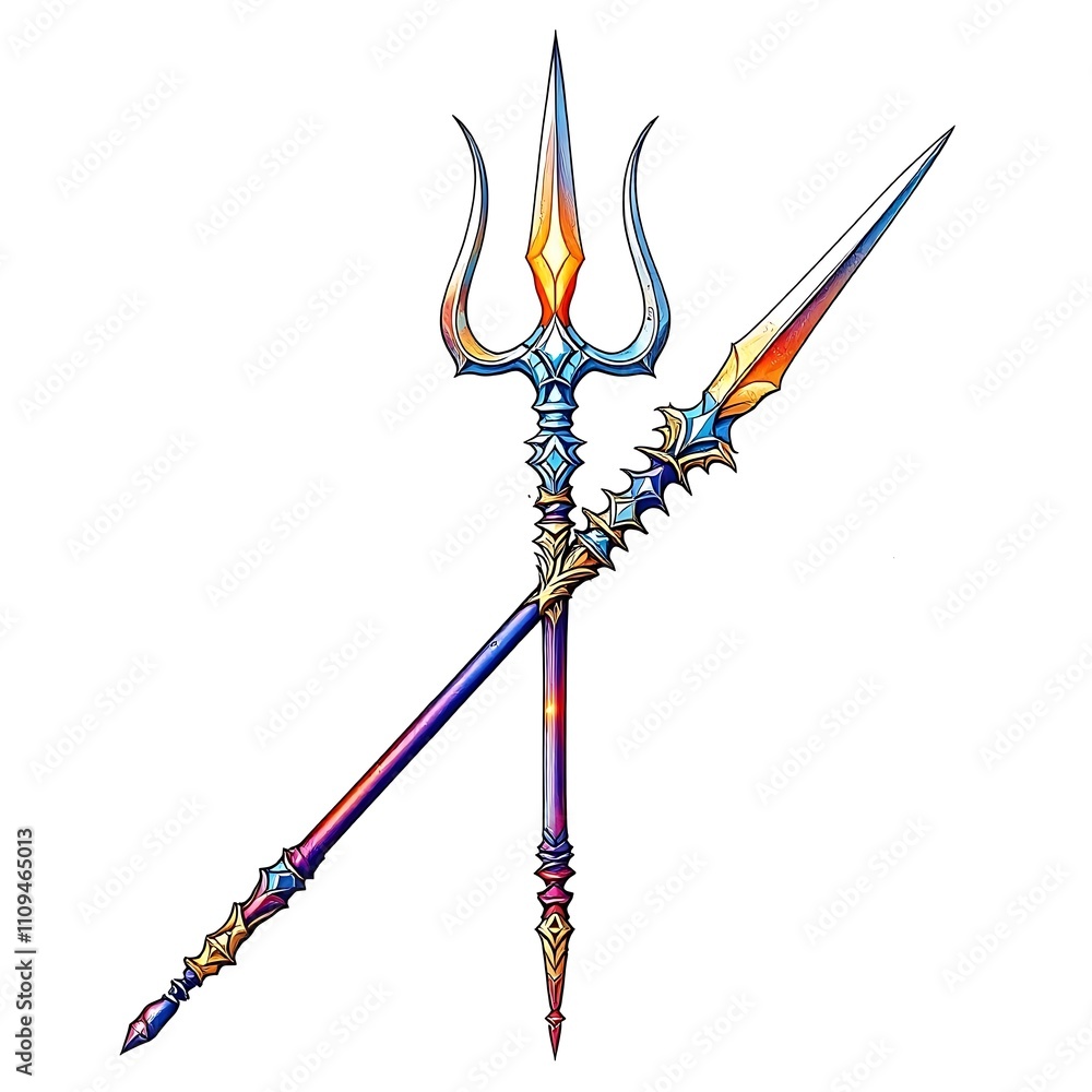Lord Shiva's trident, Trishul, hand-drawn color grading illustration, Shiva God Trishul Trident ...