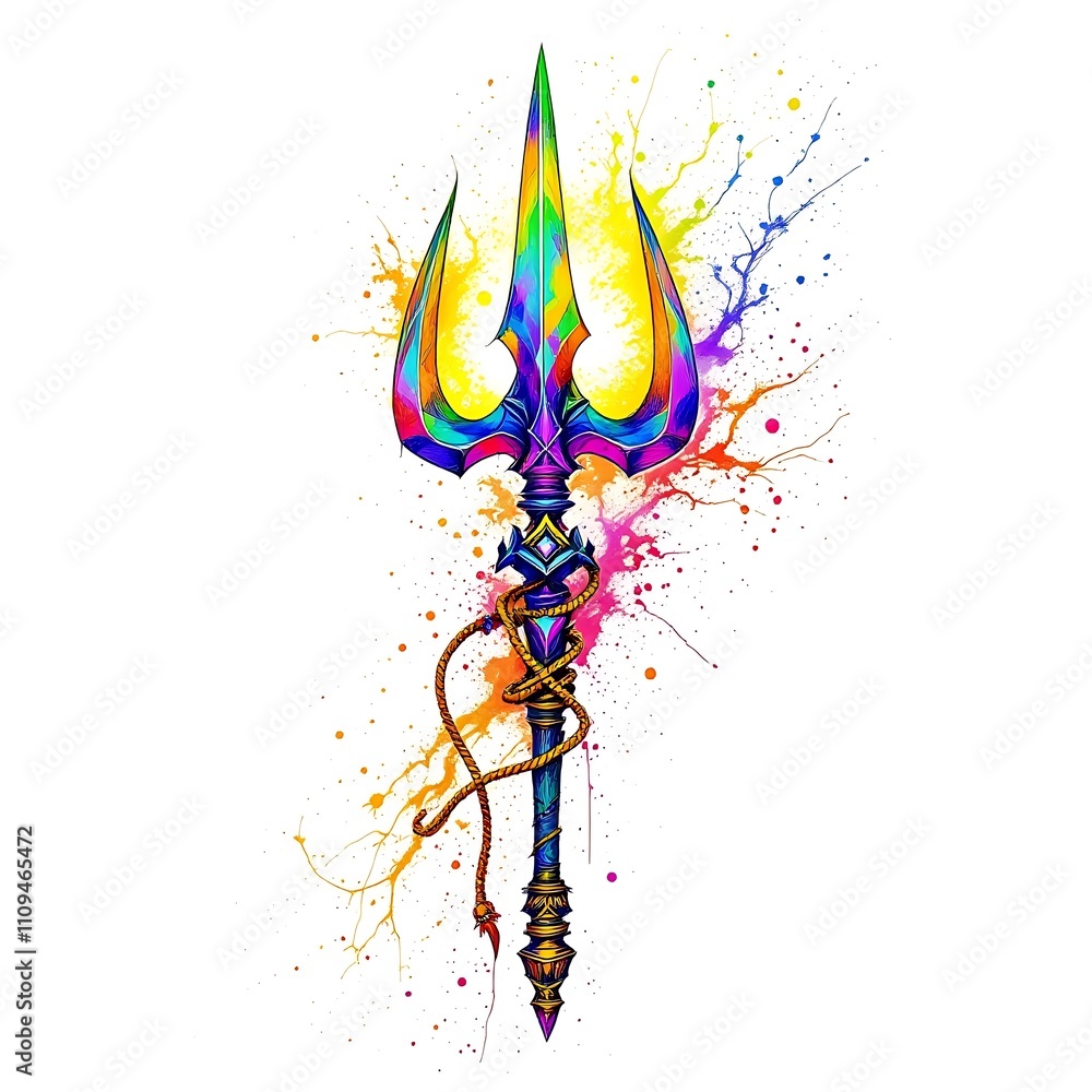 Lord Shiva's trident, Trishul, hand-drawn color grading illustration ...