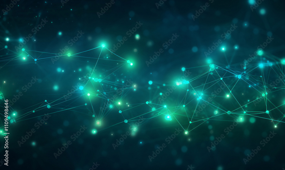 Abstract blue green technology background with a cyber network grid and connected particles ...