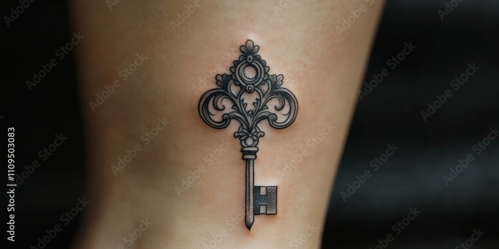 Intricate tattoo of a vintage key design displayed on the ankle ...