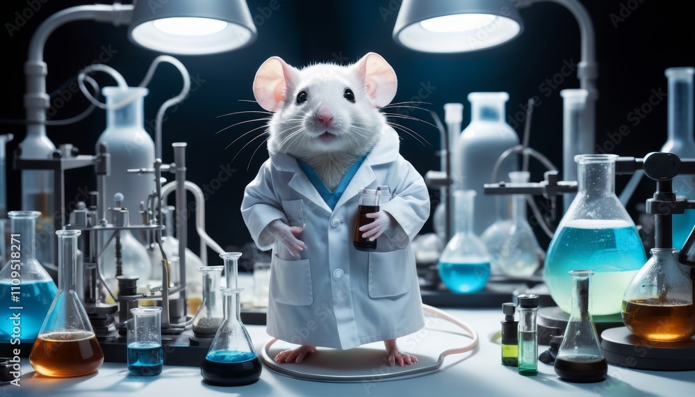 illustration of a humanoid white mouse in a lab coat studying and ...