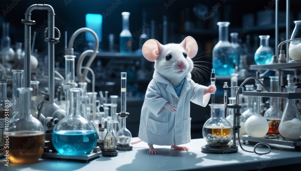 illustration of a humanoid white mouse in a lab coat studying and ...