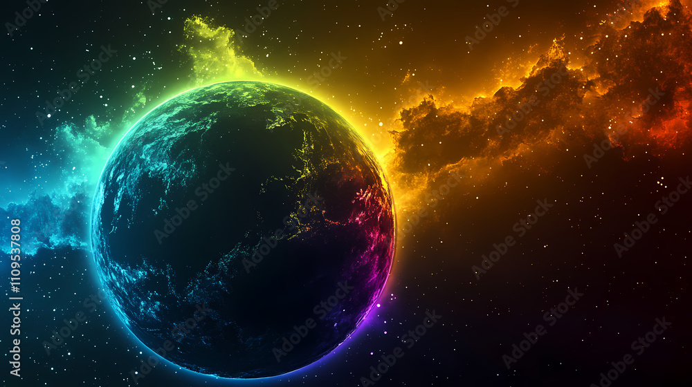 Solar eclipse overlay effect with neon blue, yellow, green, purple ...