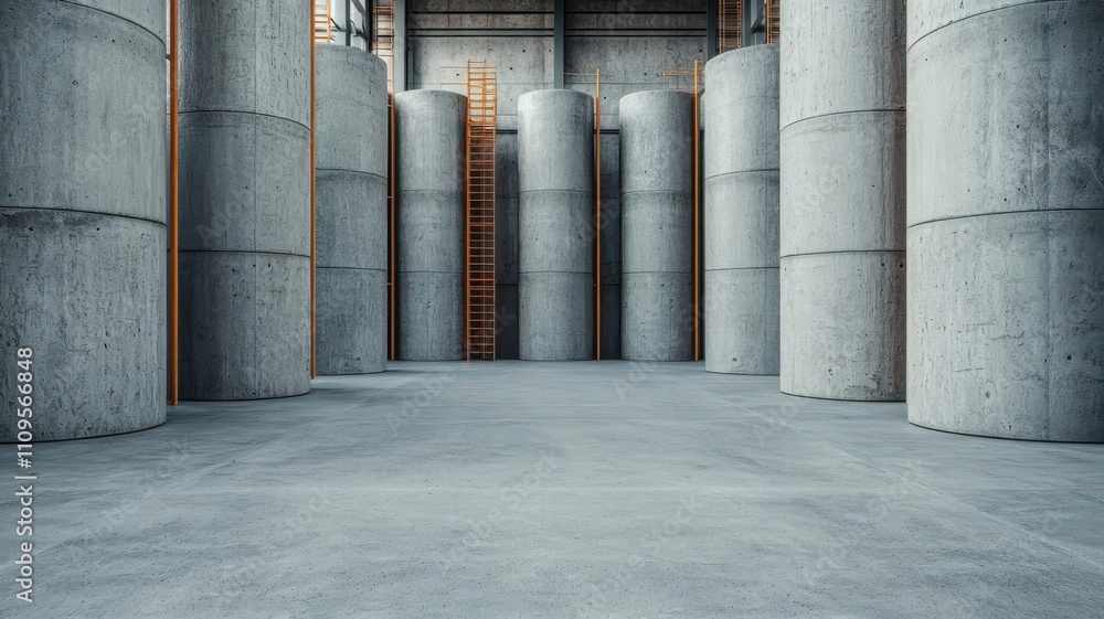 silo & tank warehouse concept. Concrete silos inside warehouse with ...