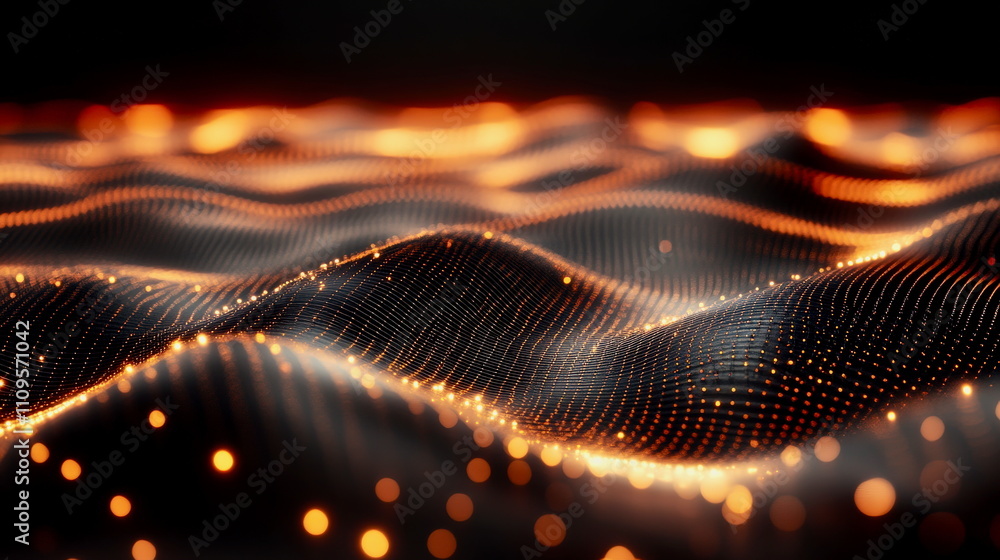 Abstract wavy lines crossing over a grid, with glowing nodes at ...