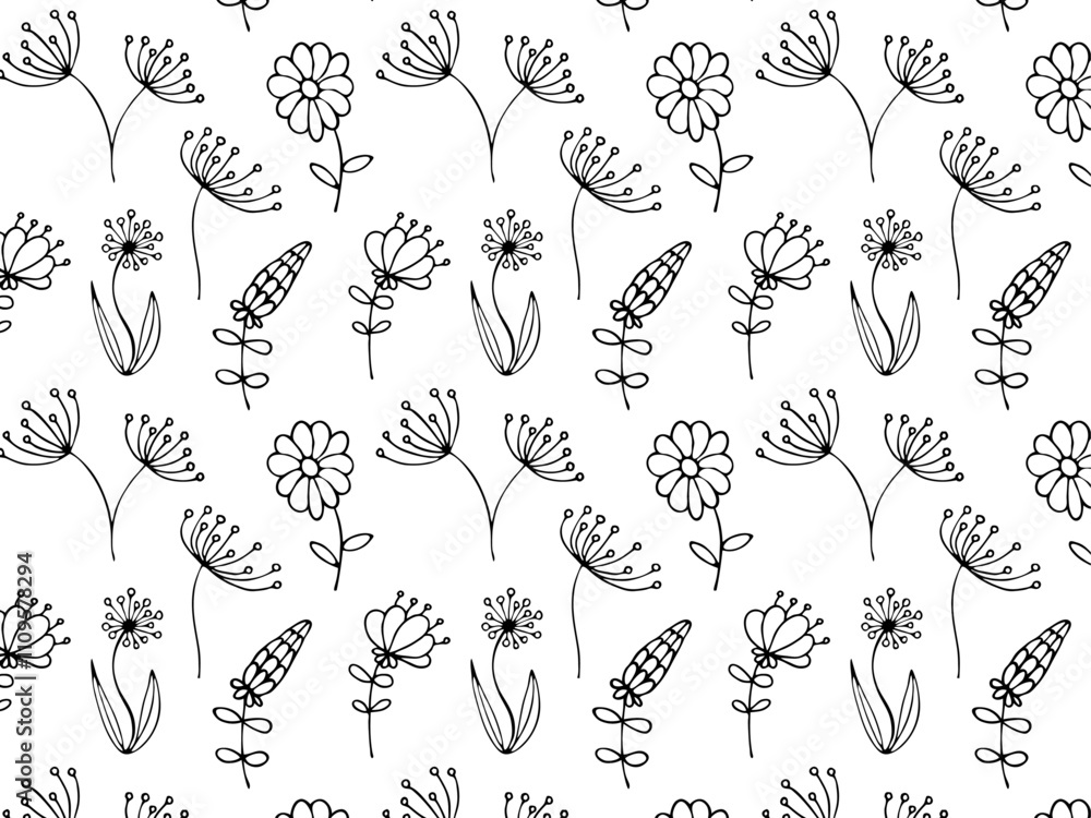 Seamless monochrome botanic pattern of flowers, plants in line style on ...