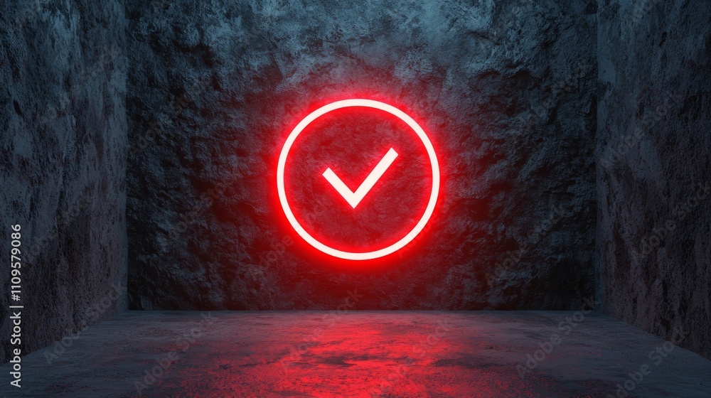 A glowing red checkmark symbol is displayed against a dark, textured ...