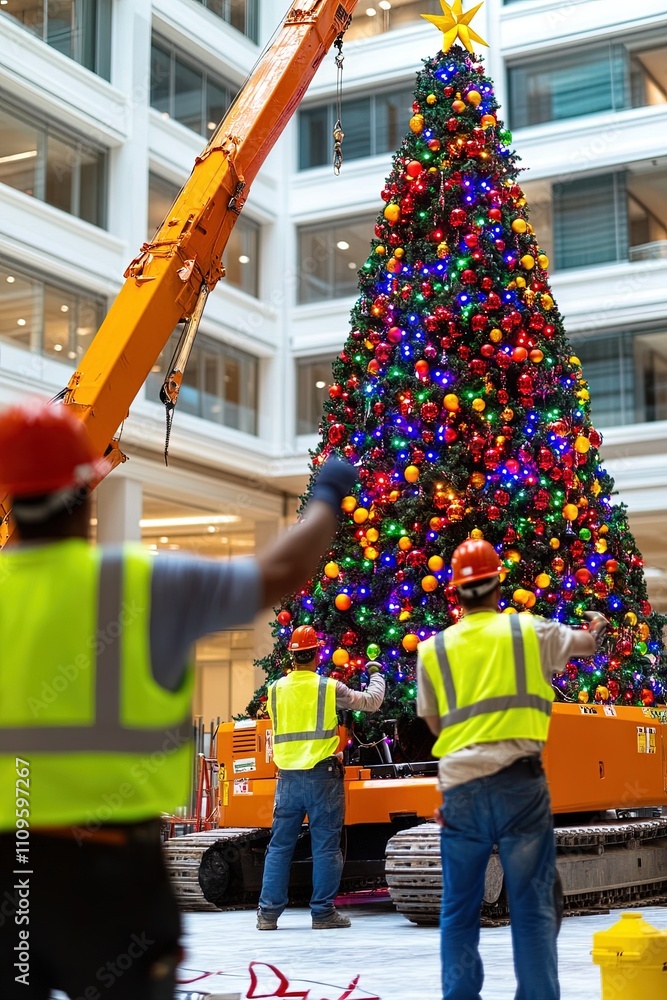 construction workers building christmas tree, under construction Stock ...