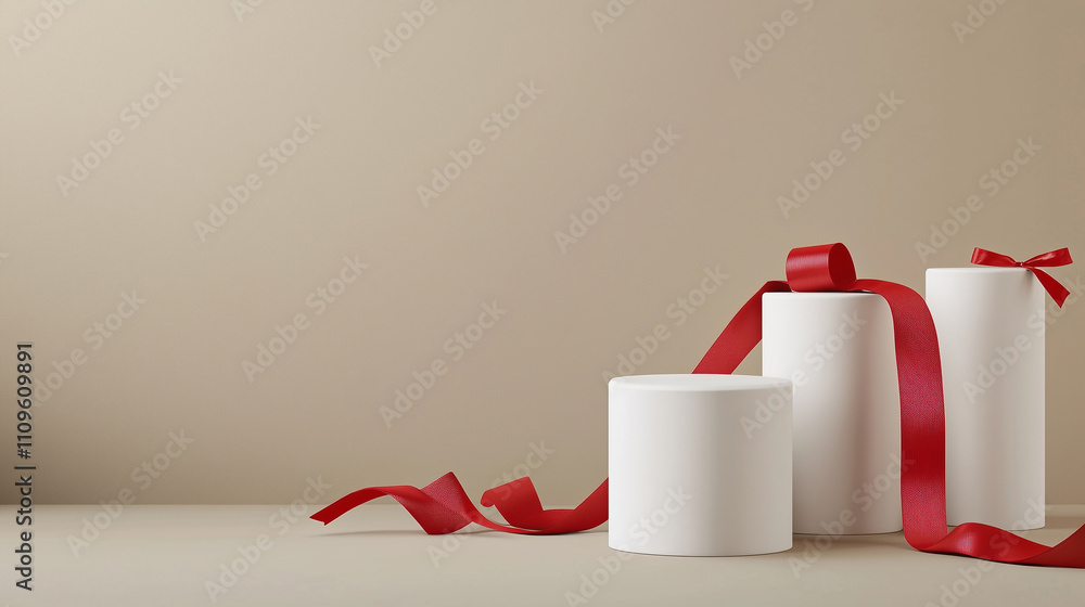 Minimalist Festive Product Display with White Round Pedestals and Red ...