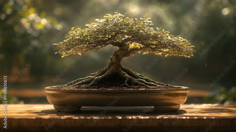 A classic bonsai tree with a complex open root structure, uniquely ...