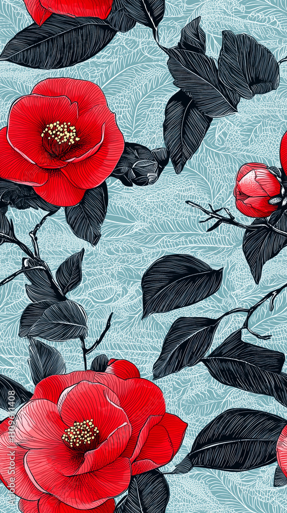 Camellia blooms through traditional textile pattern formations ...