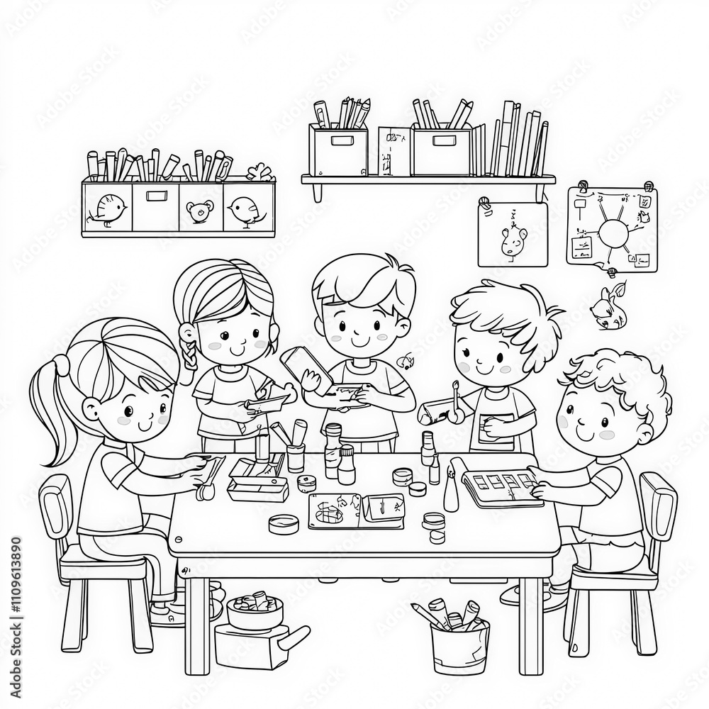 A fun classroom with children learning, coloring page for kids, simple ...