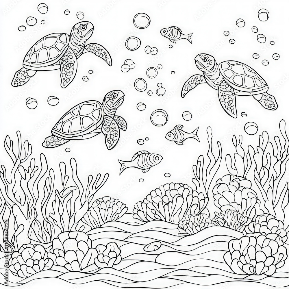 A vibrant underwater scene with sea turtles, coloring page for kids ...
