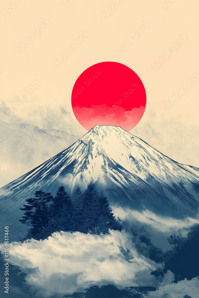 Landscape. Mountain with a red sun rising. Concept of Japan 素材庫插圖 ...