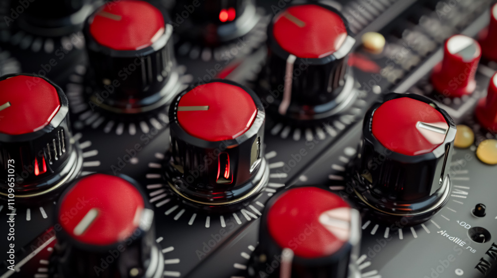 Audio adjusters and red buttons on a mixing console, used for modifying ...