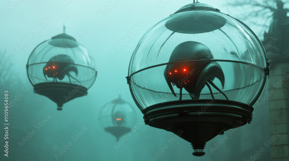 3D render of an intergalactic zoo featuring alien creatures in floating ...