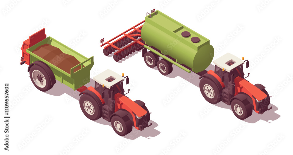 Set of isometric low poly tractors with manure spreaders. Vector ...