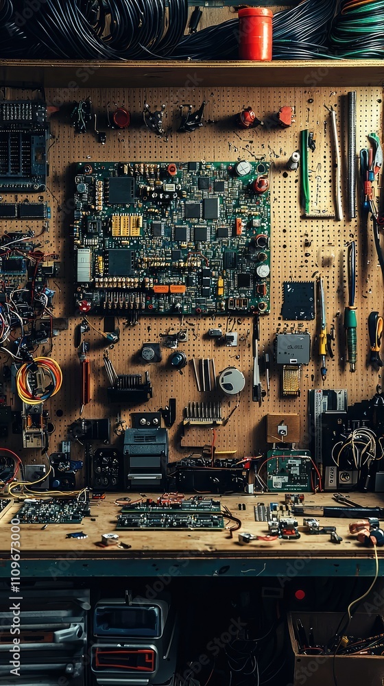 Detailed Overview of an Electronics Workbench with Circuit Boards, Tools, and Components in a ...