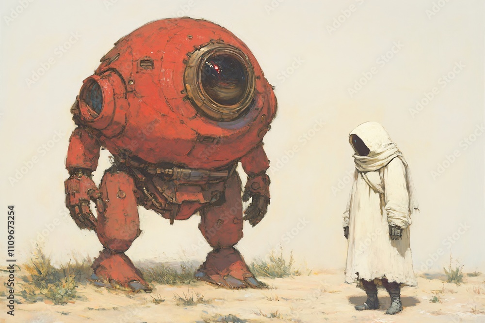 Futuristic red robot meets desert wanderer. Sci-fi concept art ...