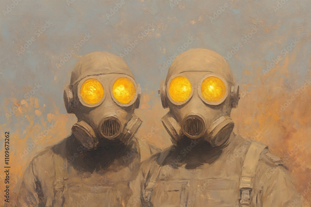 Apocalyptic figures in gas masks with glowing yellow eyes. Dystopian ...