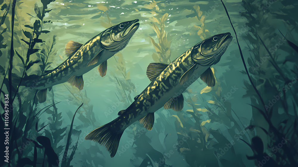 Female pike and two male pikes concealed among river vegetation, female ...
