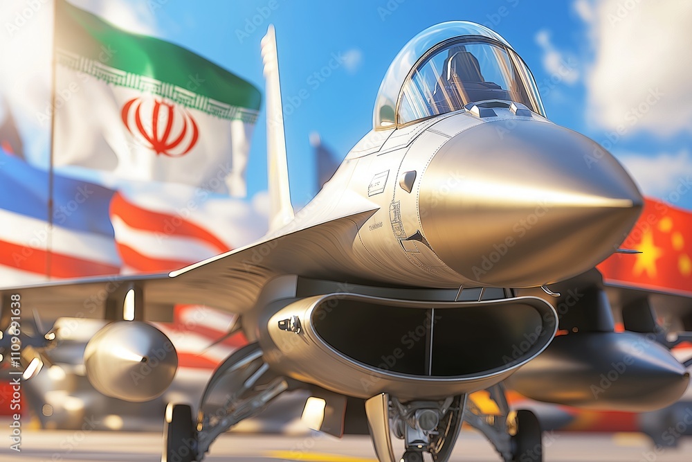Military jet refuels on airbase runway under vibrant flags of USA, Iran ...