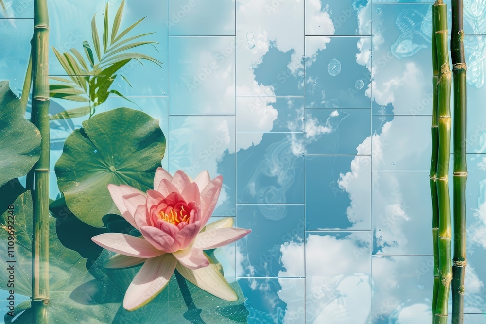 Wellness retreat. Collage with photos of sky lotus flower bamboo stems ...