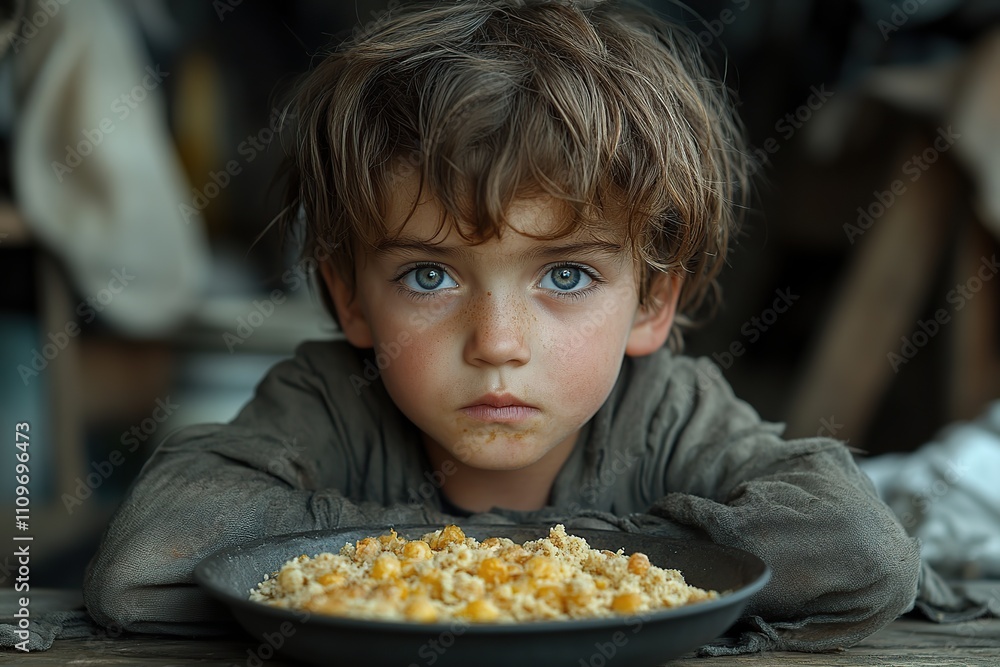 World hunger problem in poor countries, portrait of child with plate ...