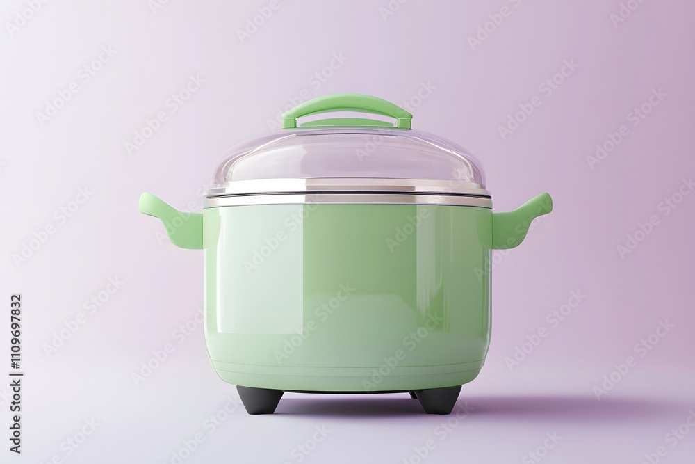 Realistic green rice cooker with transparent lid on a light lavender ...