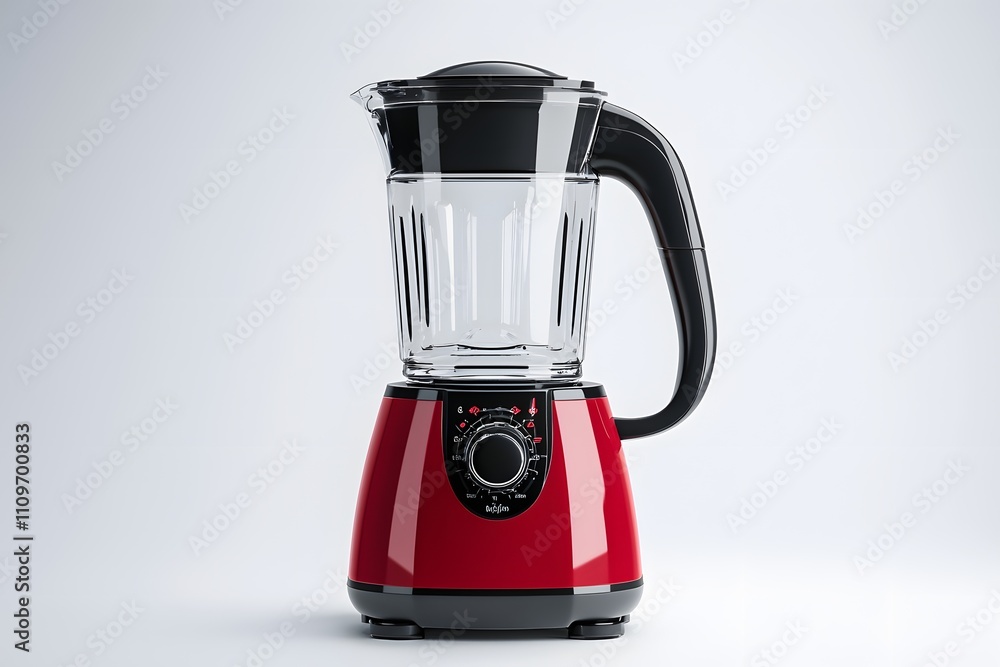 Red and black modern blender with a sturdy base on a plain white ...