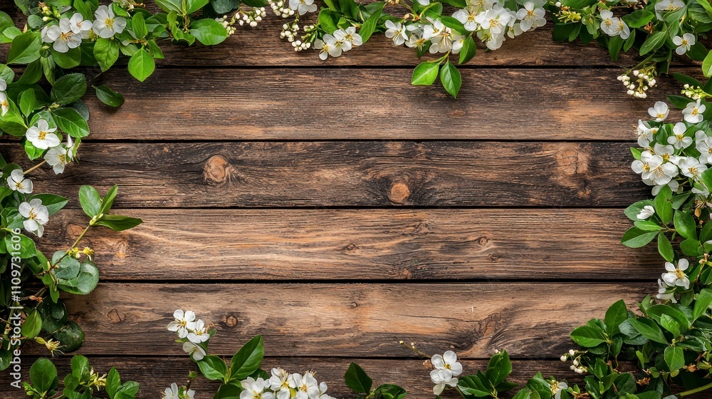 Rustic wooden background with old wood texture and green leaves with ...