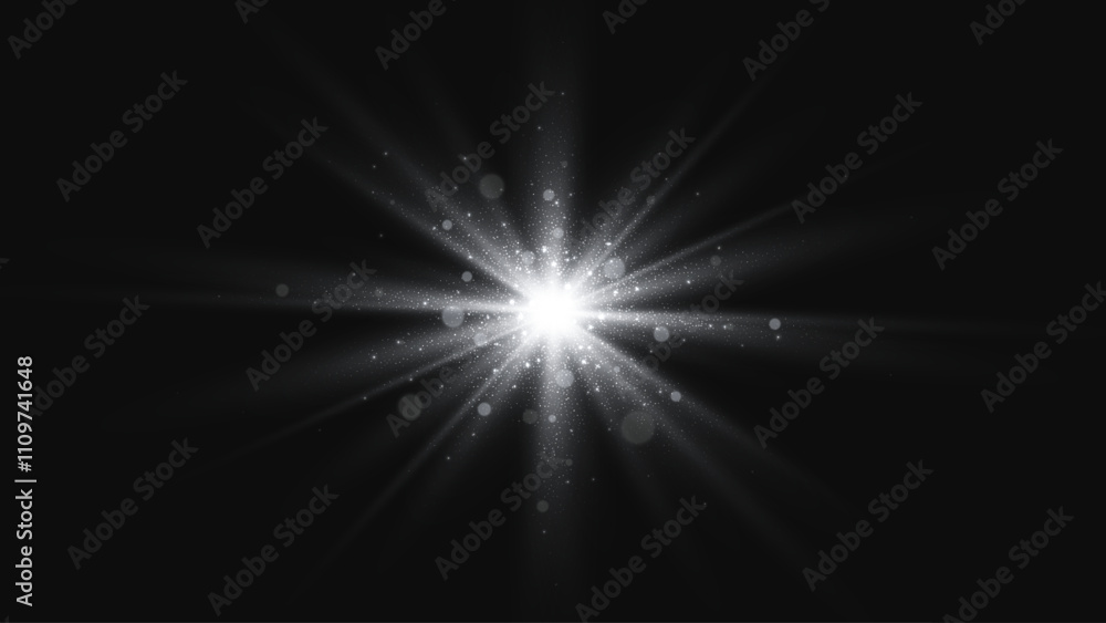 Silver light effect. Black and white glitter star. Vector background ...