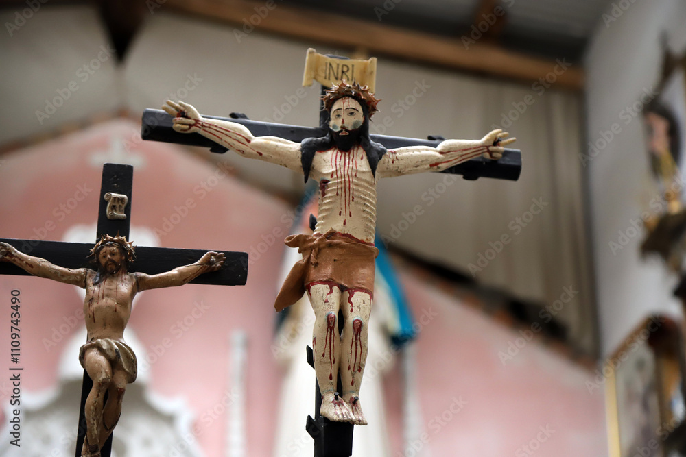 Ancient crucifixes with Jesus Christ crucified on the cross. Catholic ...