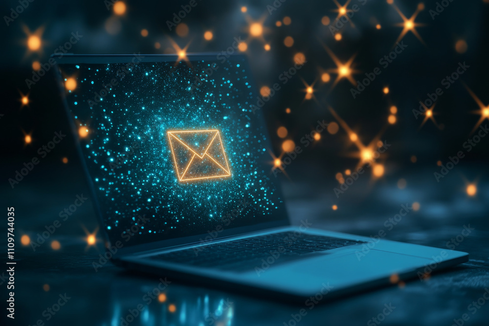 Glowing email icon on laptop screen with sparkling lights. Stock ...