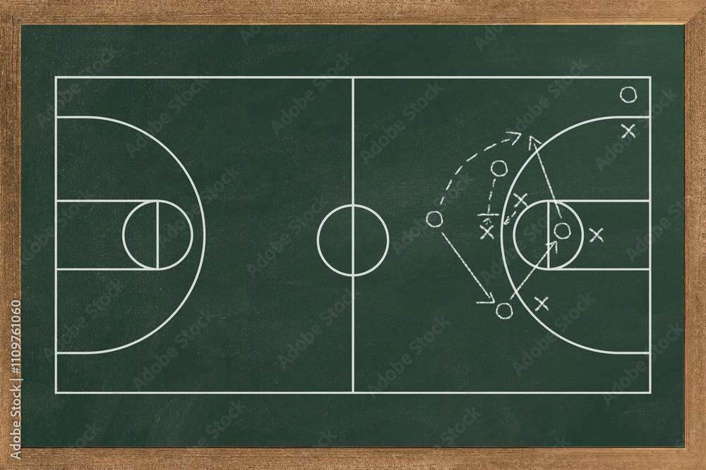 Chalkboard with basketball court and game strategy scheme. Vector ...