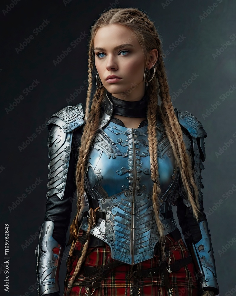 full-body artwork of a modern female warrior with a striking presence ...