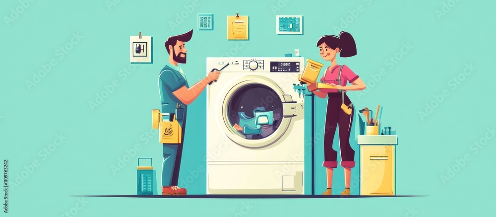 Repairman fixing a washing machine while a woman adds detergent. Stock ...