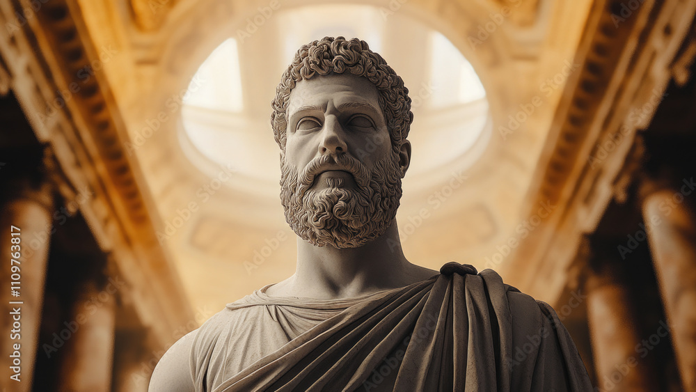 Statue of Hercules in Ancient Ruins with Dramatic Lighting and Pillars ...