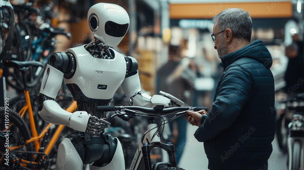 Humanoid robot showing a bicycle to a customer in a bike store ...