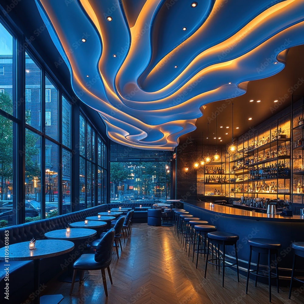 Here's a possible and keyword list for the image.. Modern bar interior ...