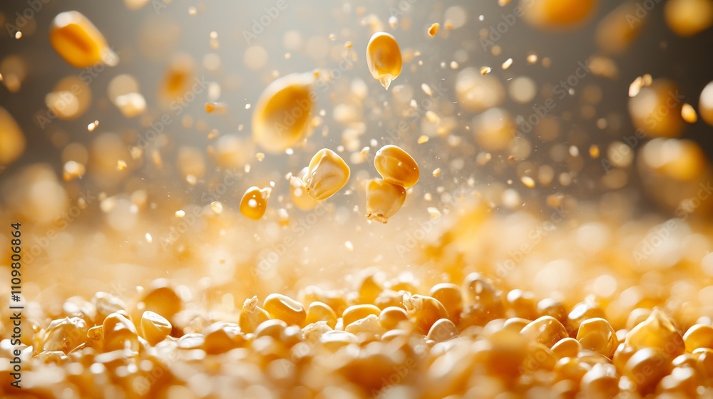 Juicy golden corn kernels appear to float or bounce energetically ...